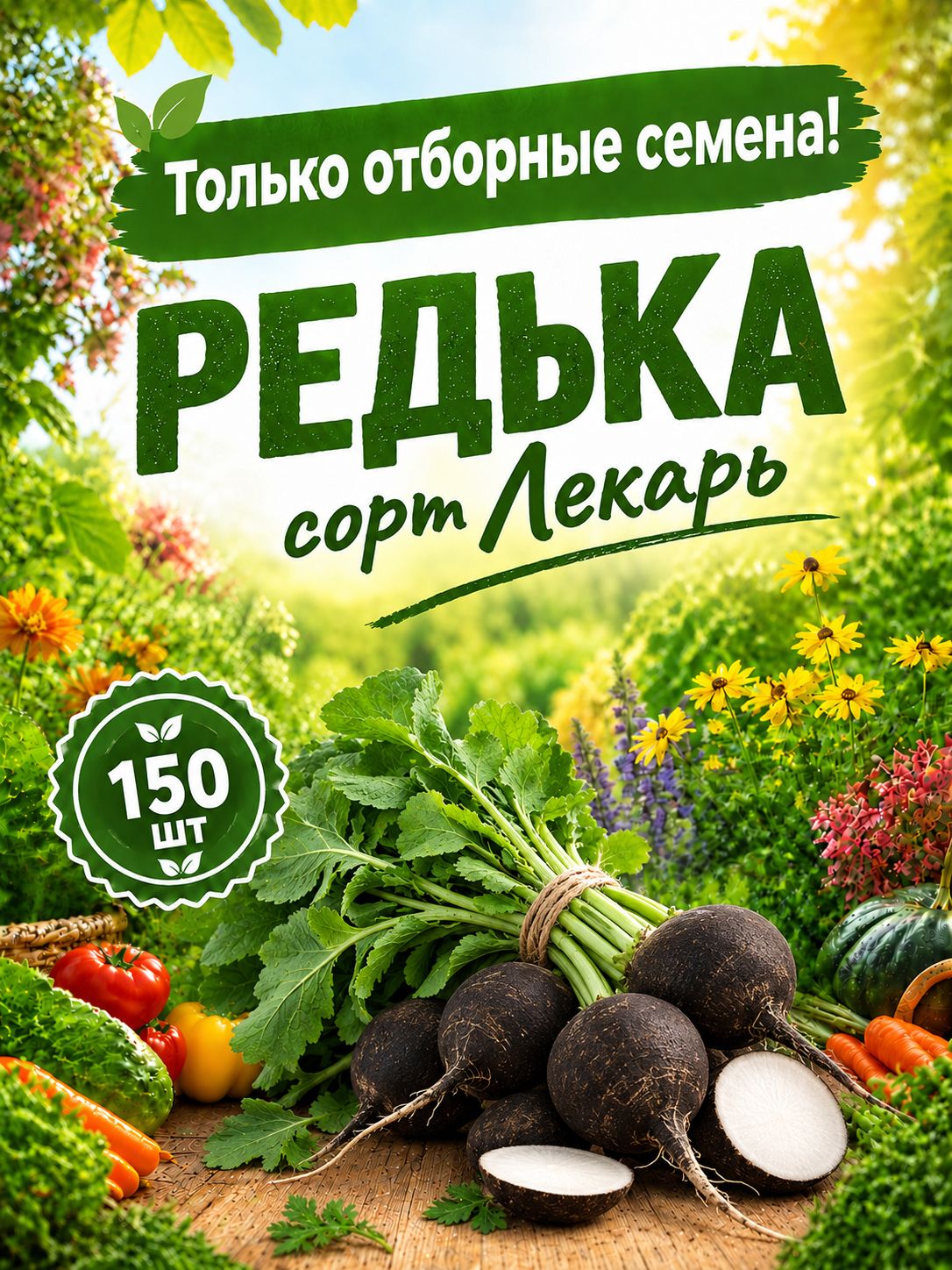 Семена редьки Лекарь - среднеспелый чёрный сорт для зимнего хранения, корнеплоды 220-260 г, урожай до 4,5 кг/м, целебные свойства