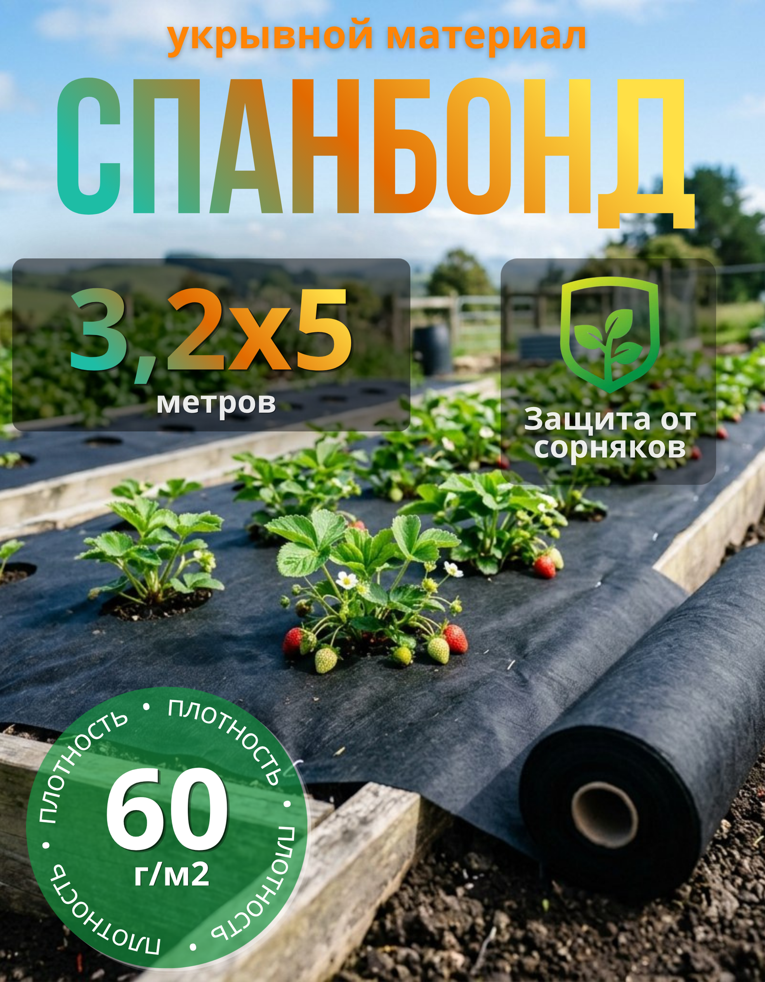 Спанбонд укрывной материал для растений плотность 60г/м2, размер 3,2х5м, черный