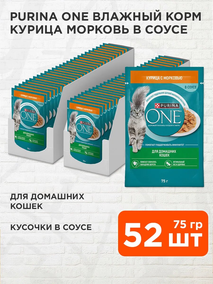 Корм влажный Purina One для взрослых кошек, живущих дома, курица и морковь в соусе, 75 г 52 шт