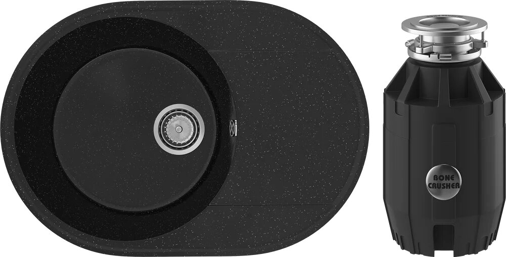 Комплект Мойка Practik PR-M-610-004 61x47, черный оникс, искусственный мрамор / Измельчитель Bone Crusher BC 910-AS электрический, нержавеющая сталь