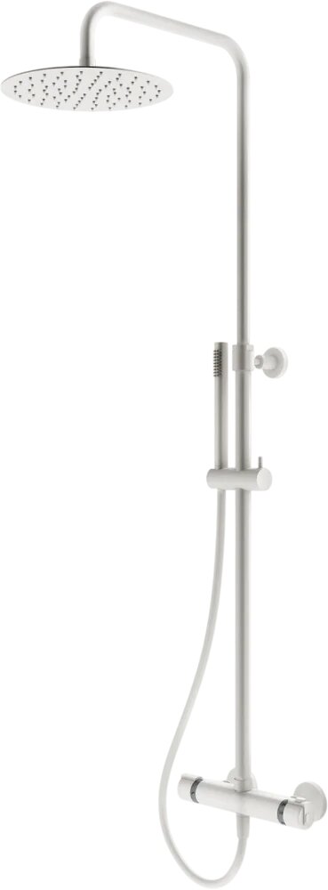 Душевая стойка Plumberia Selection Ixo XO6302BO со смесителем, термостатическим, белая, матовая, душевая система с тропическим душем, с лейкой, латунная