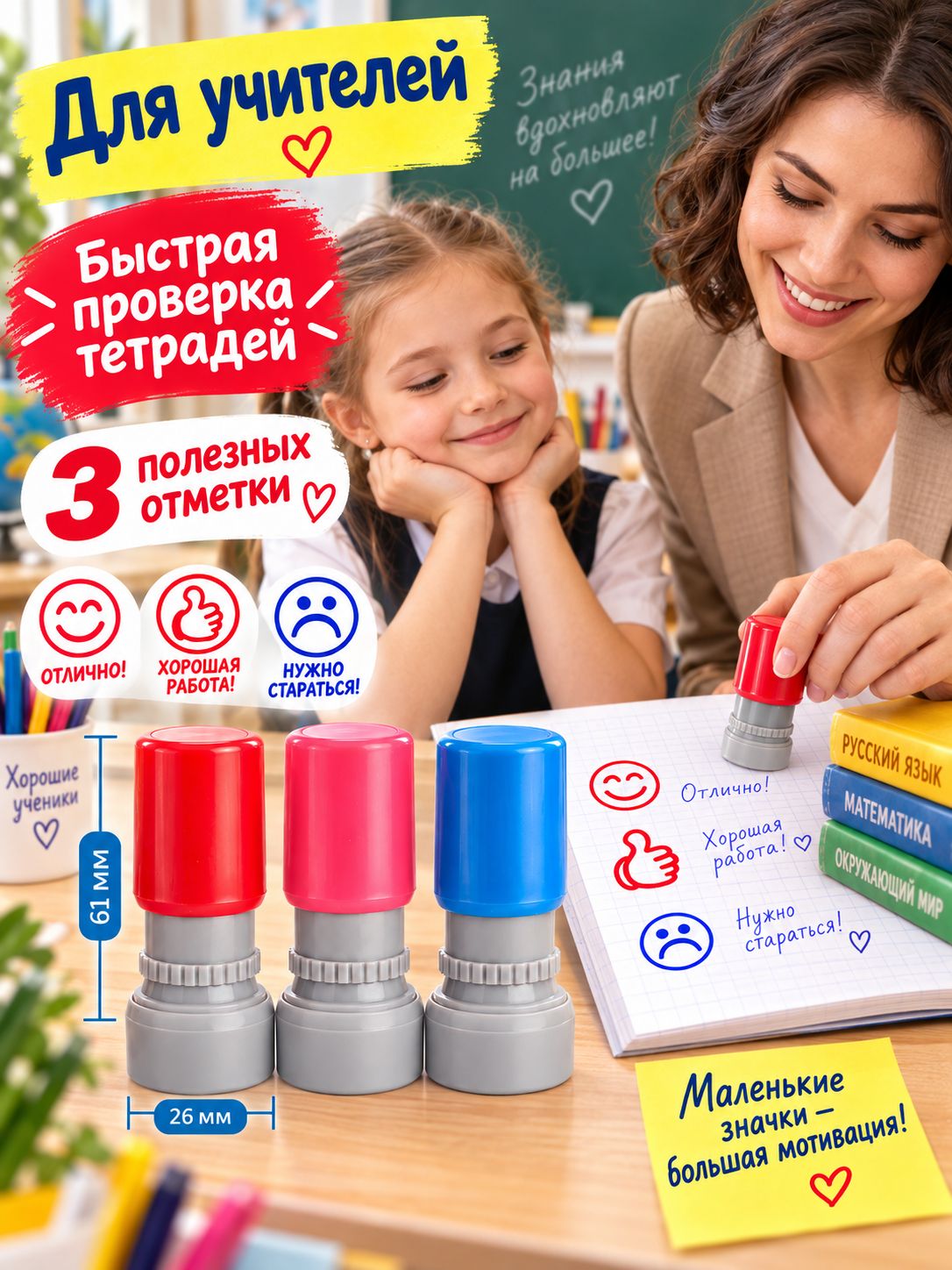 Набор мотивационных штампов 13 мм, 3 шт, смайлик, грустный смайлик и палец вверх, для учителя, проверки тетрадей и поощрения детей
