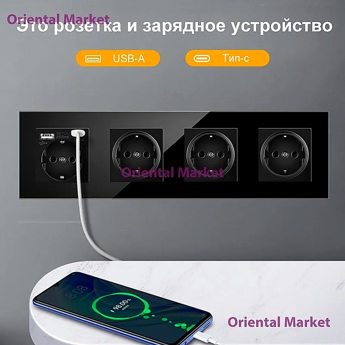 Розетка электрическая 4 поста с USB/Type-C быстрая зарядка и розеткой EU 220, рамка стекло 299х86мм, цвет черный