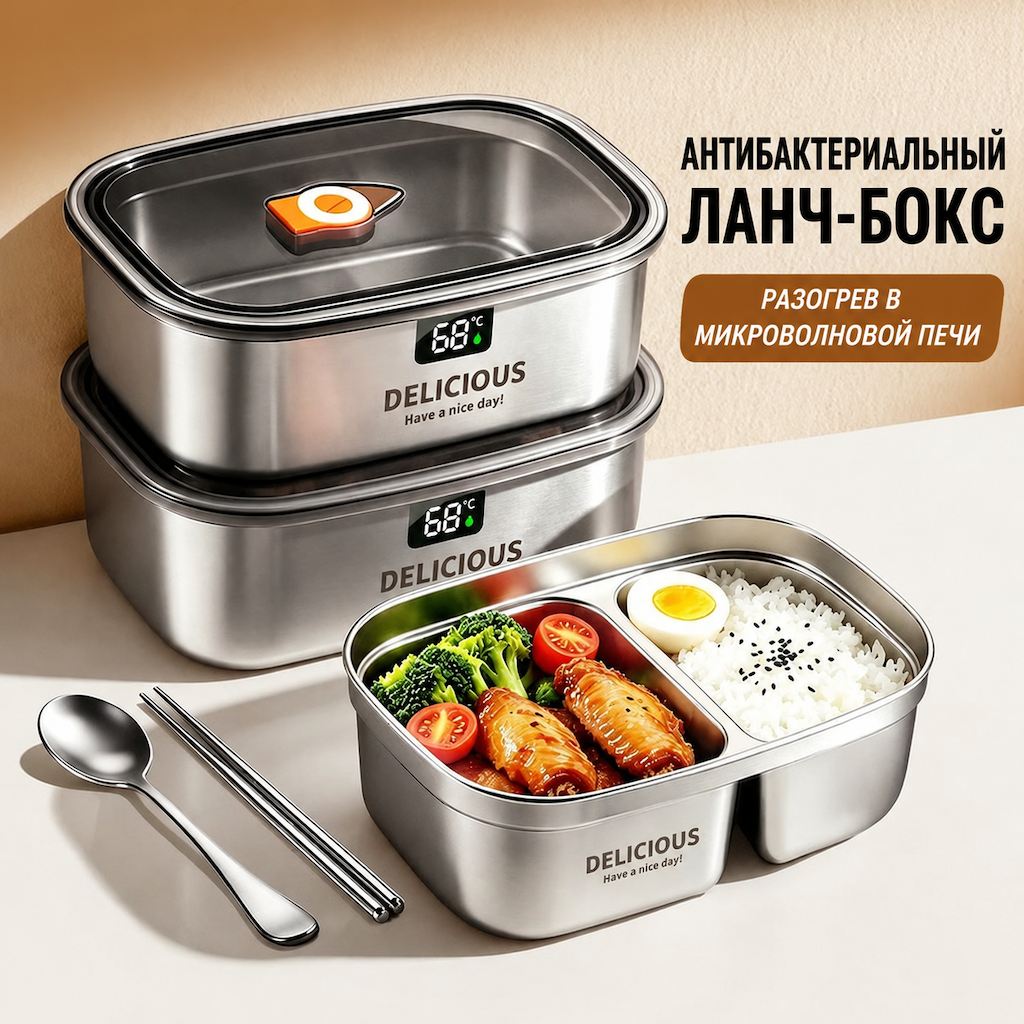 Ланч-бокс из нержавеющей стали 304 герметичный с отделениями для микроволновки