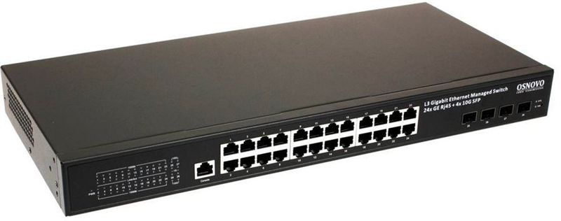 Коммутатор Gigabit Ethernet OSNOVO SW-24G4X-L2 Управляемый L2+ коммутатор Gigabit Ethernet на 28 портов. Порты: 24 x GE (10/100/1000Base-T) + 4 x 1G/10G SFP+ Uplink. Консольный порт, Уровень управления L2+. Поддержка Jumbo Frame