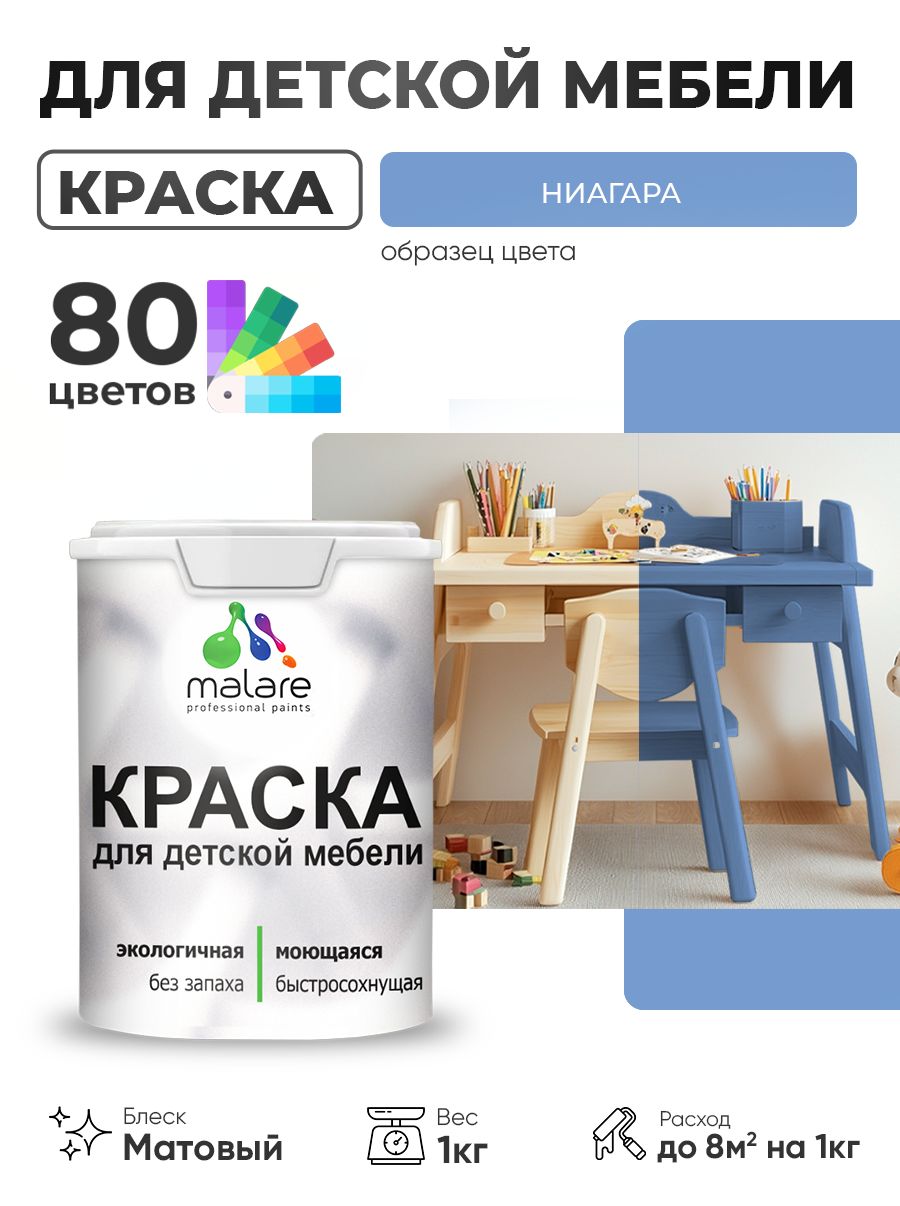 Акриловая краска Malare для детской мебели для кухонных фасадов, мебели из дерева, моющаяся, быстросохнущая без запаха матовая, ниагара, 1 кг.