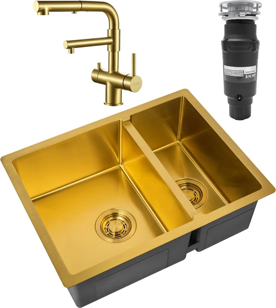 Комплект Мойка Zorg Light ZL R 580-2-440 BRONZE 58x44, bronze, нержавеющая сталь / Смеситель Sanitary SZR-3216 Bronze с выдвижным изливом, матовая бронза, бронза / Измельчитель Bone Crusher BC 910-SL-