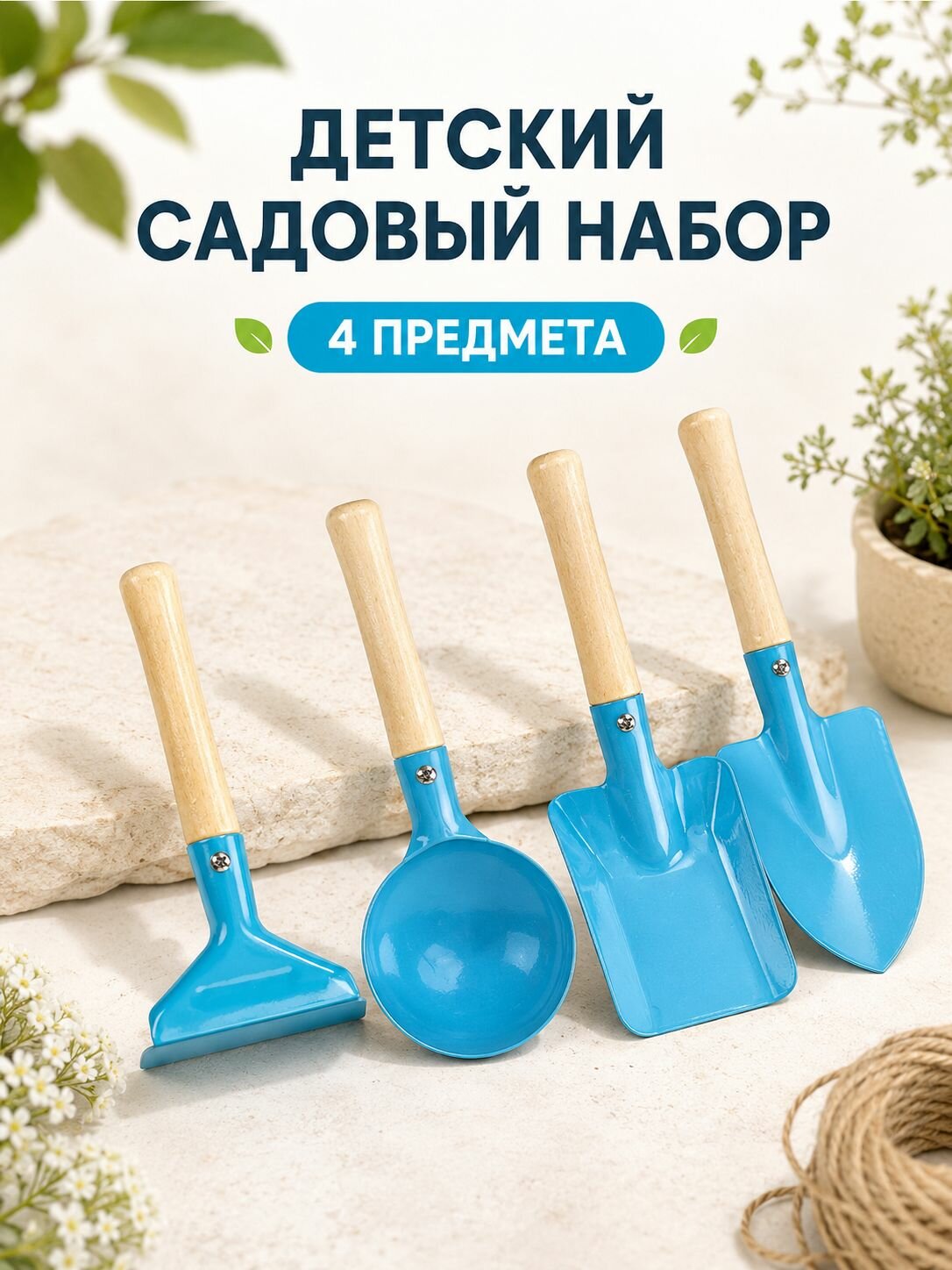 Детский садовый набор 4 предмета, голубые инструменты с деревянной ручкой, лопатки для песка, сада и посадки растений