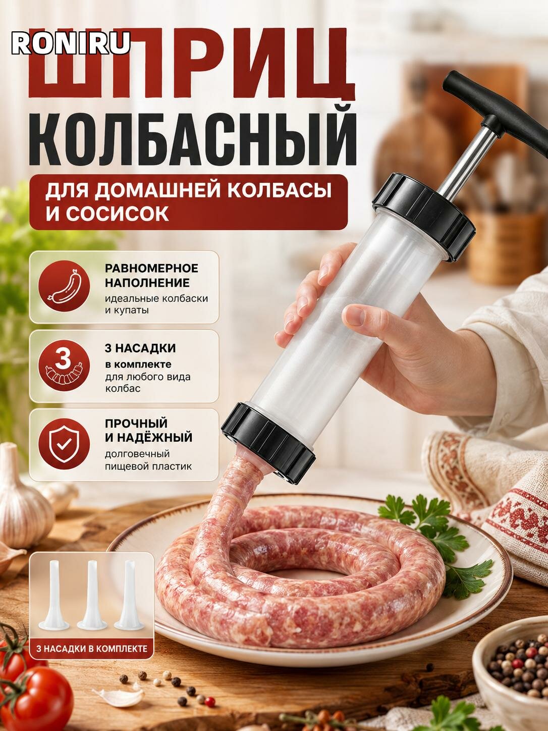 Шприц колбасный для домашней колбасы и сосисок с 3 насадками — равномерное наполнение оболочек для купат и колбасок