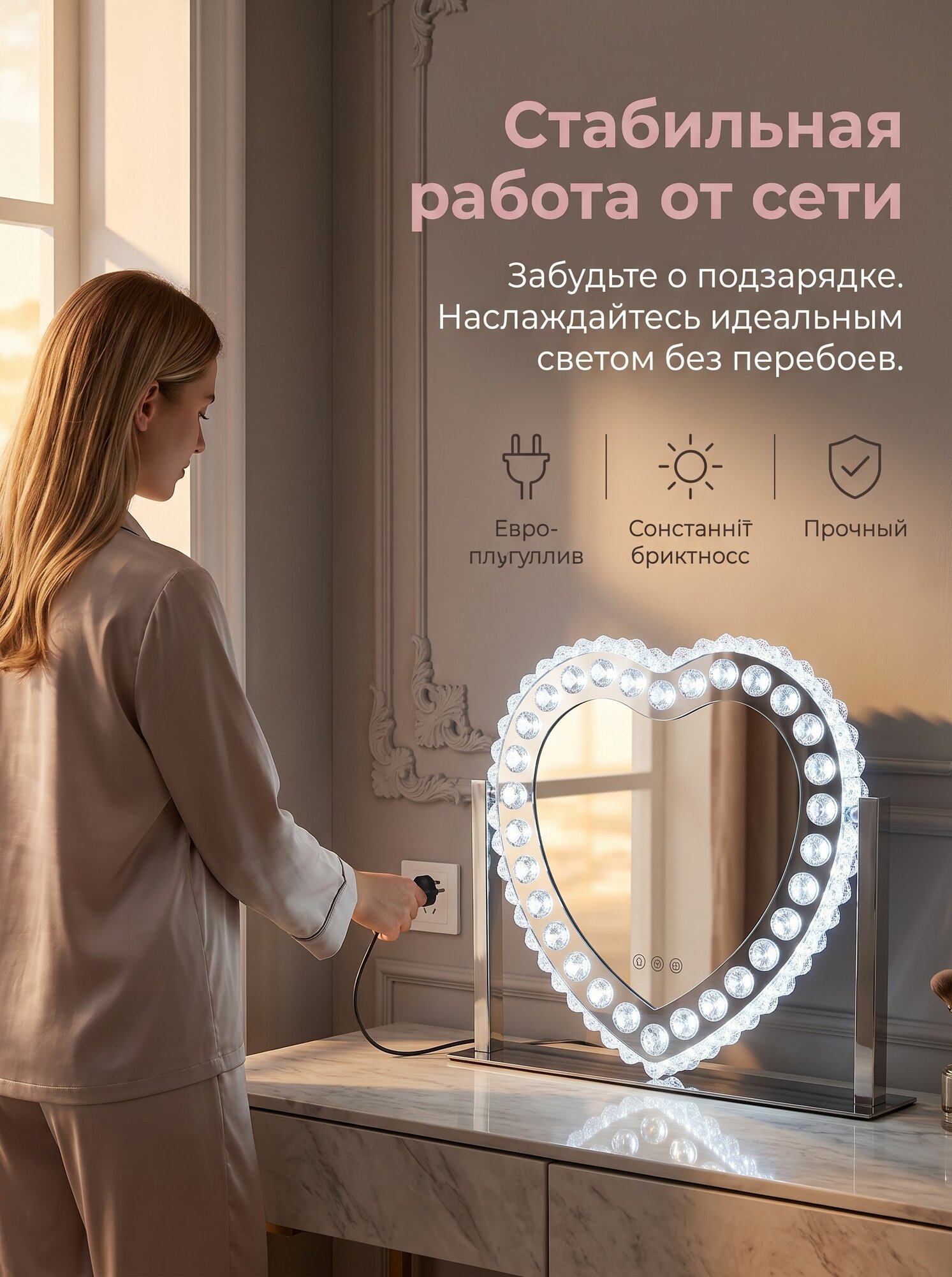 Настольное зеркало для макияжа в форме сердца с LED подсветкой и кристаллами, поворот 360 градусов