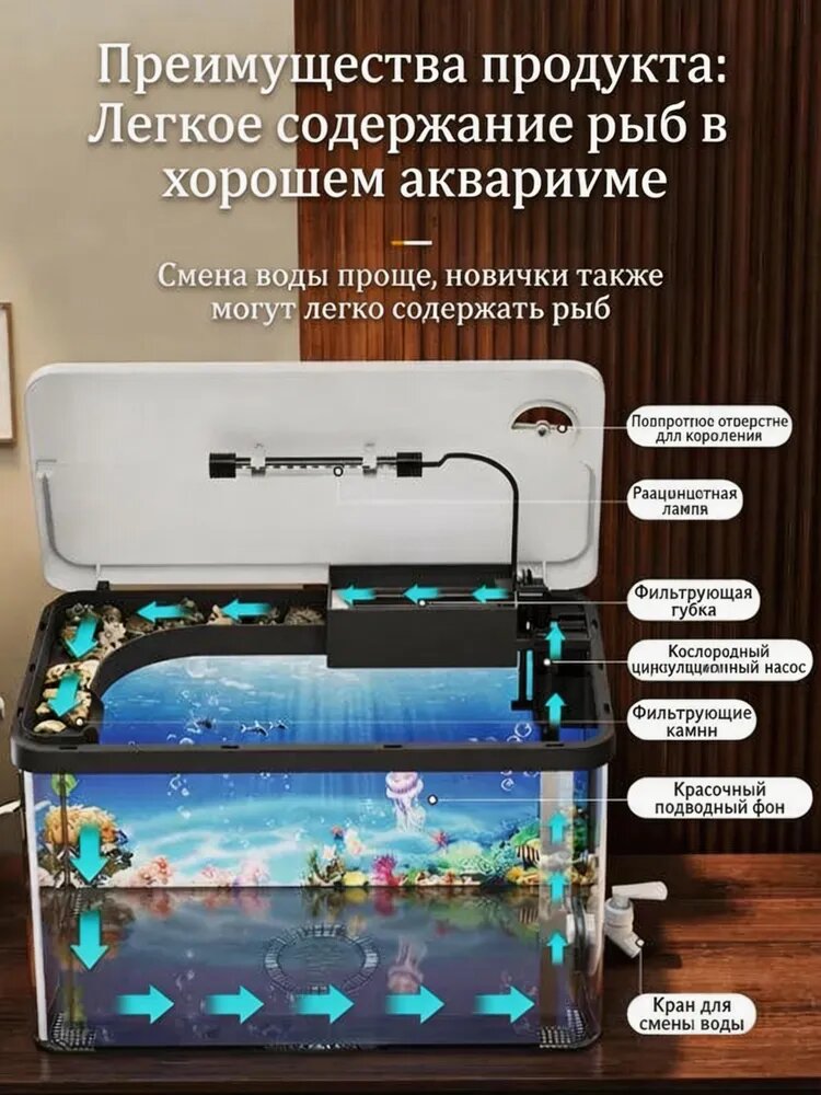 Аквариум 42 л с подсветкой, фильтром, кормушкой и краном для воды