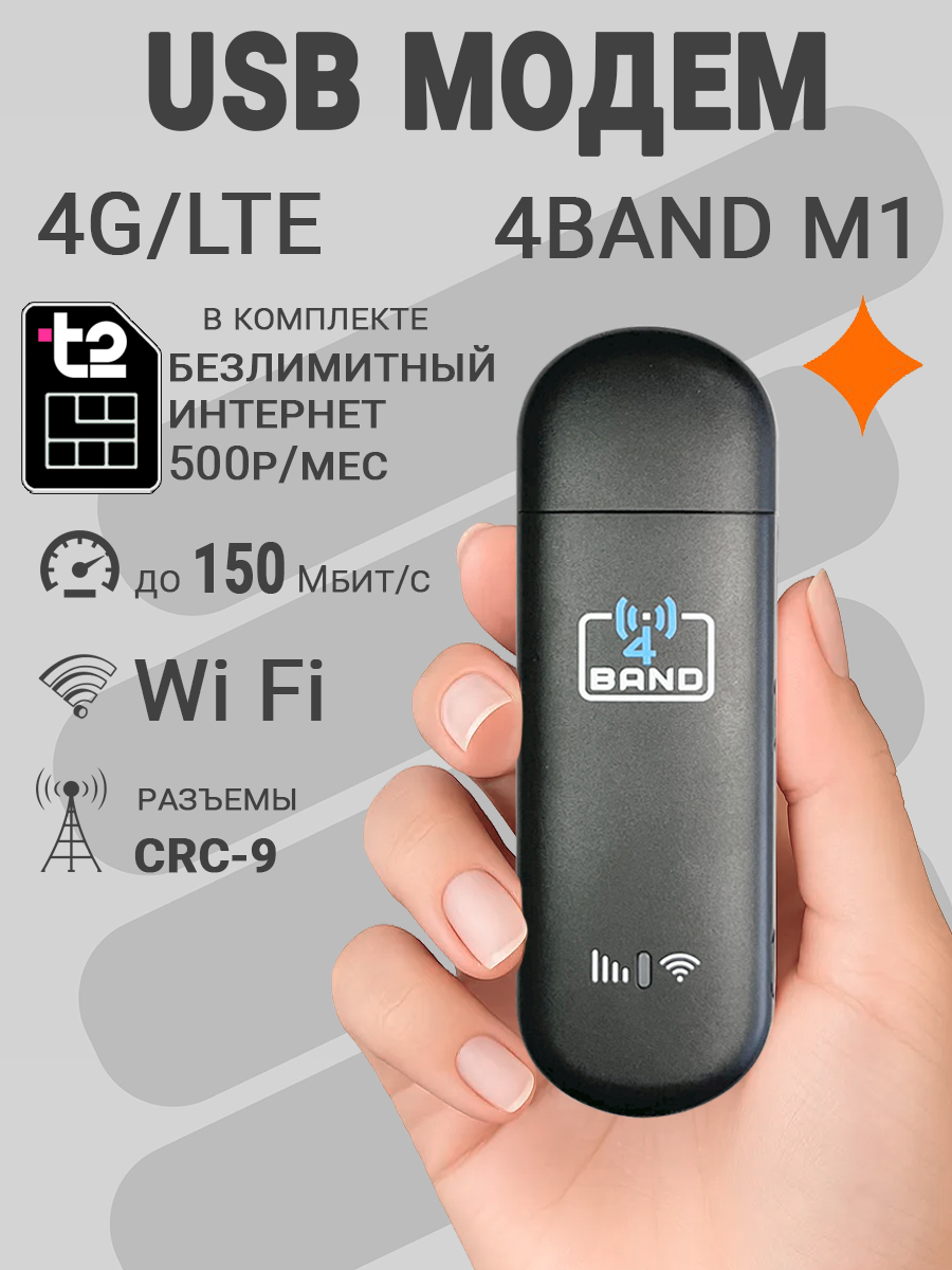 USB модем 3G/4G 4BAND M1+ Wi-Fi 2.4ГГц + сим с безлимитным интернетом за 500р/мес