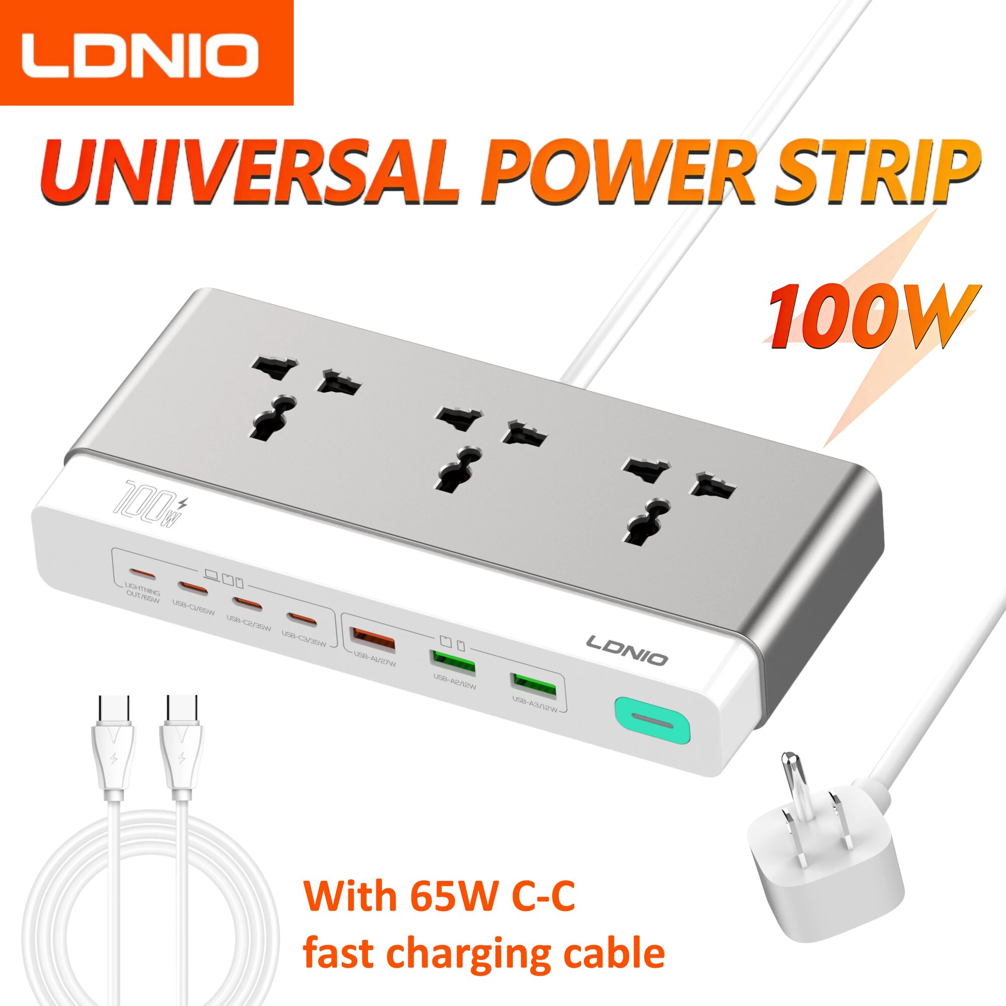 LDNIO Удлинительная розетка 100W с быстрой зарядкой 3 розеток 2500W US Plug with cable