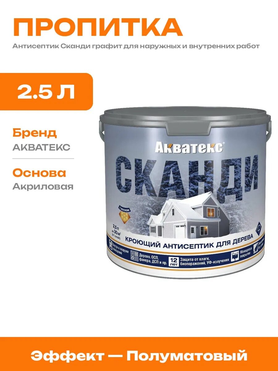 Антисептик для дерева Сканди графит акриловый на 10 лет 2.5л