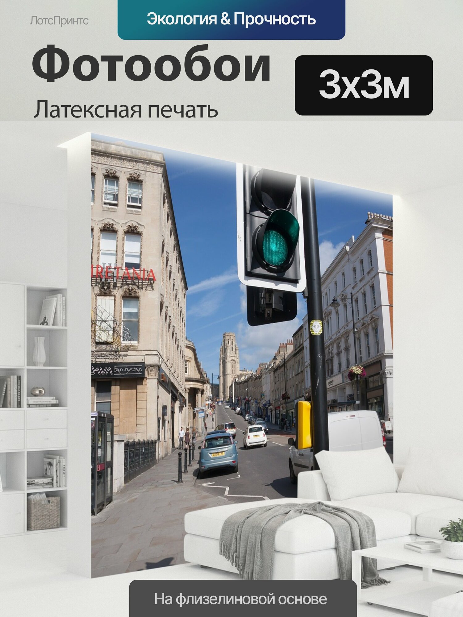 Фотообои моющиеся ударопрочные "Светофор, зеленый, университет" 300x300 см. латексная печать