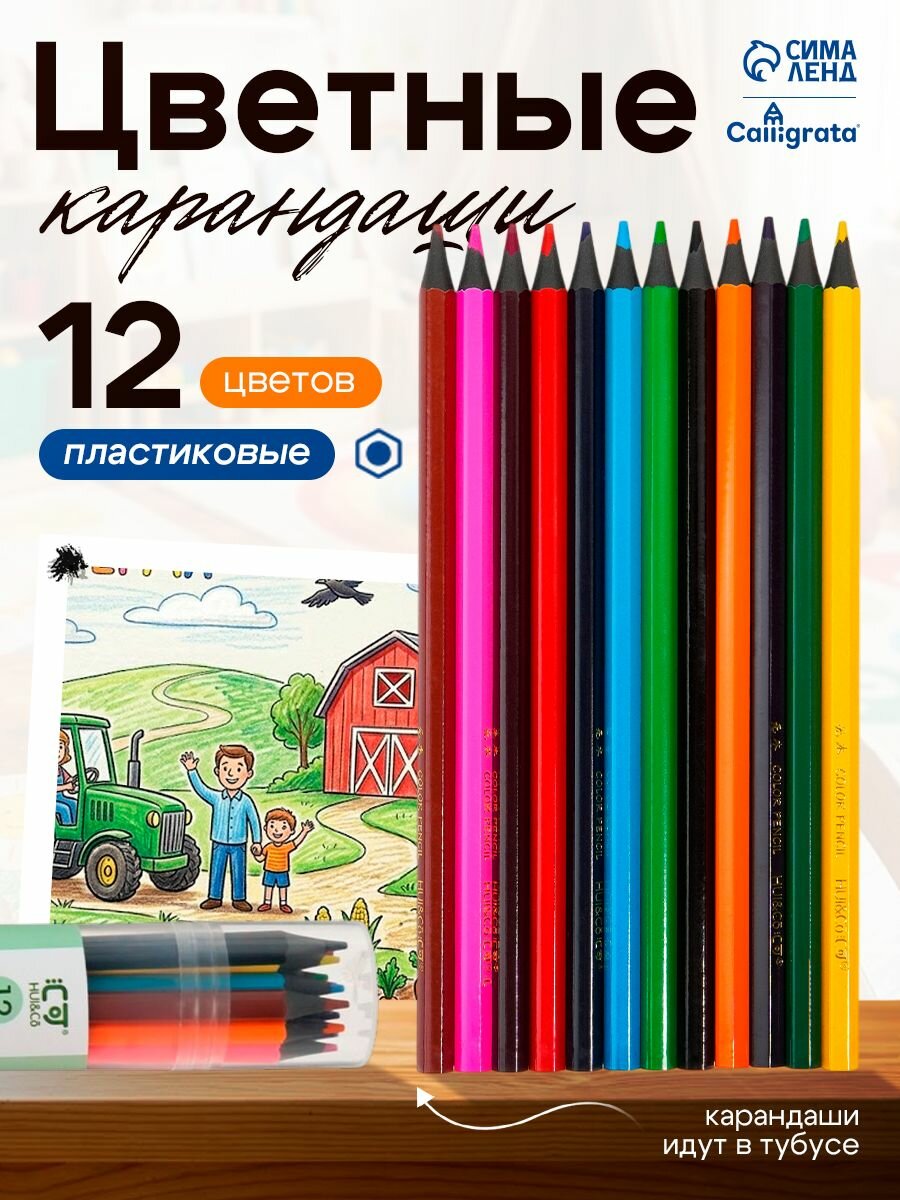 Карандаши 12 цветов в тубусе, шестигранные, пластиковые набор 12 штук