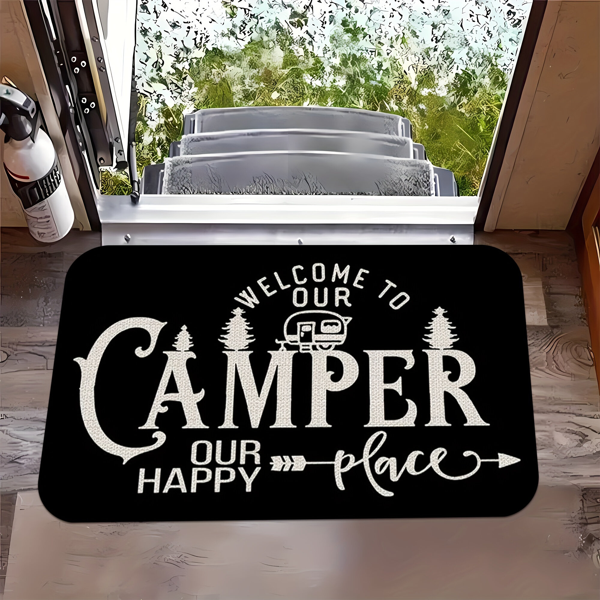 Приветственный коврик для кемпера "WELCOME to OUR CAMPER PLACE", моющийся нескользящий, из прочного полиэстера, 40x60 см