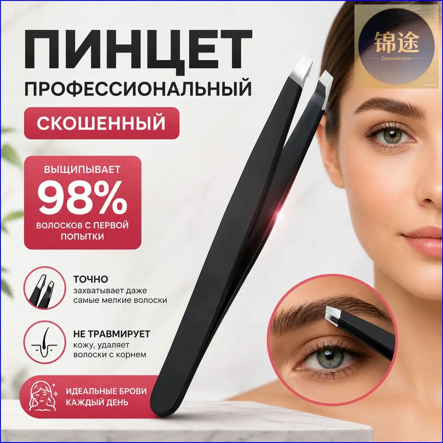 Скошенный премиумпинцет для бровей профессионального применения, изготовленный из качественной стали.