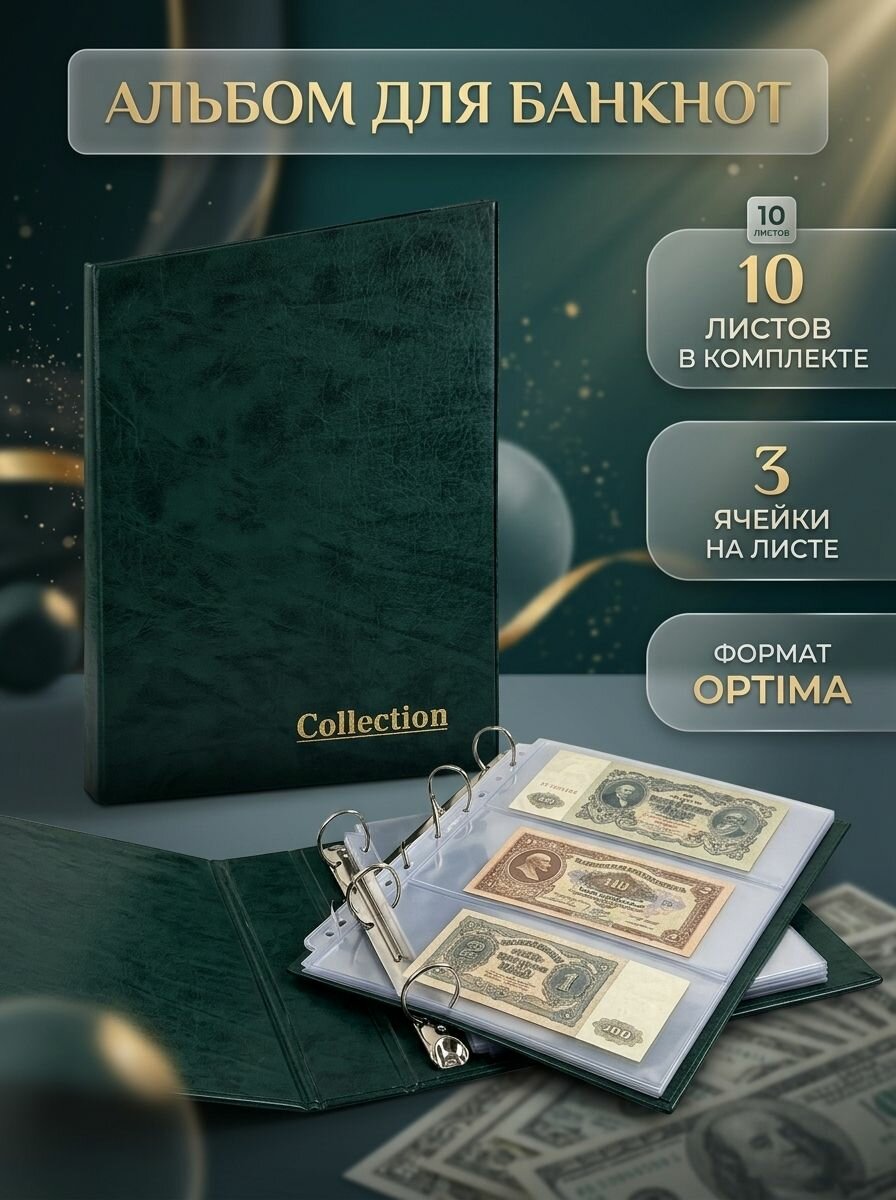 Альбом для банкнот кольцевой с 10-ю листами по 3 ячейки (кожзам, формат Оптима)