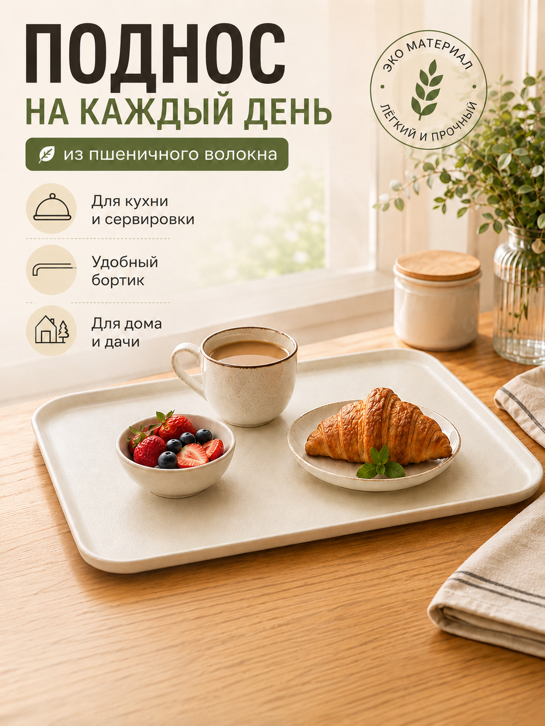 Поднос многоразовый пластиковый из пшеничной соломы 38*27 см.
