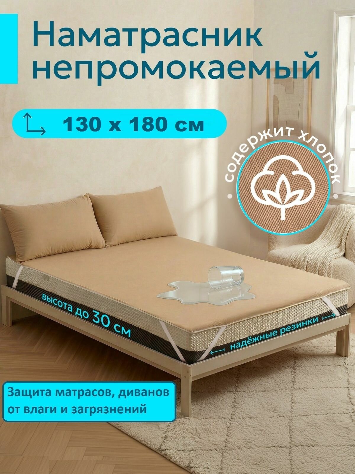Наматрасник влагонепроницаемый 130х180 см, на резинках