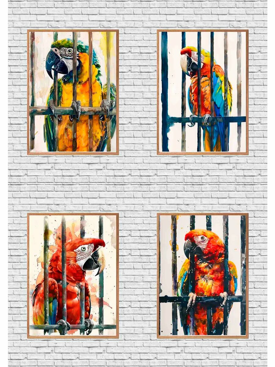 Птица-попугай-преступник в тюрьме, 4 Плаката, 30x21см