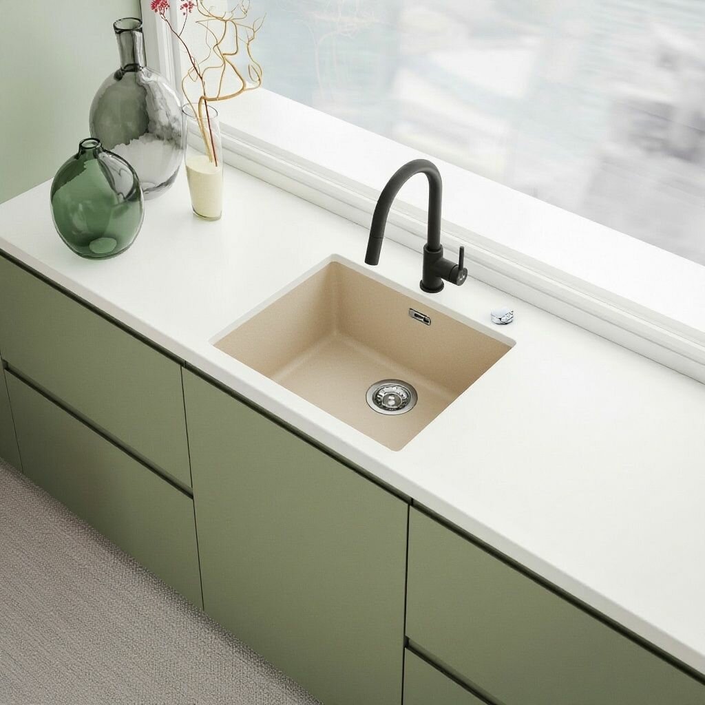Franke SID 110-50 кухонная мойка, 52,5х44 см, размер шкафа 60 см, цвет сахара, монтаж под столешницу, в комплекте стоп-вентиль, скрытый перелив, крепления для монтажа — фото 1
