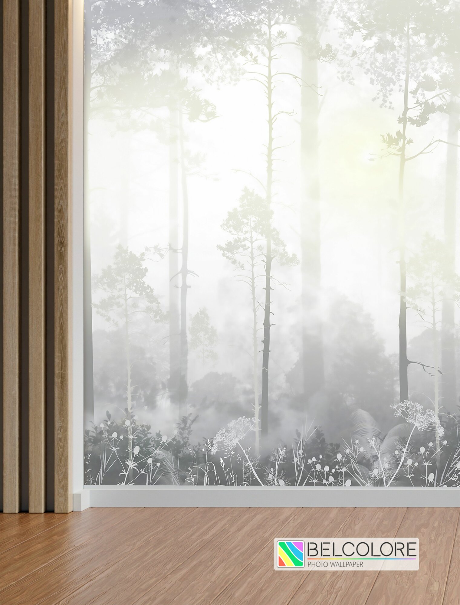 Фотообои на стену флизелиновые, Лес в тумане с желтым солнцем, 300х250 см, фото обои на кухню моющиеся виниловые, на кухню, в спальню, рельефные