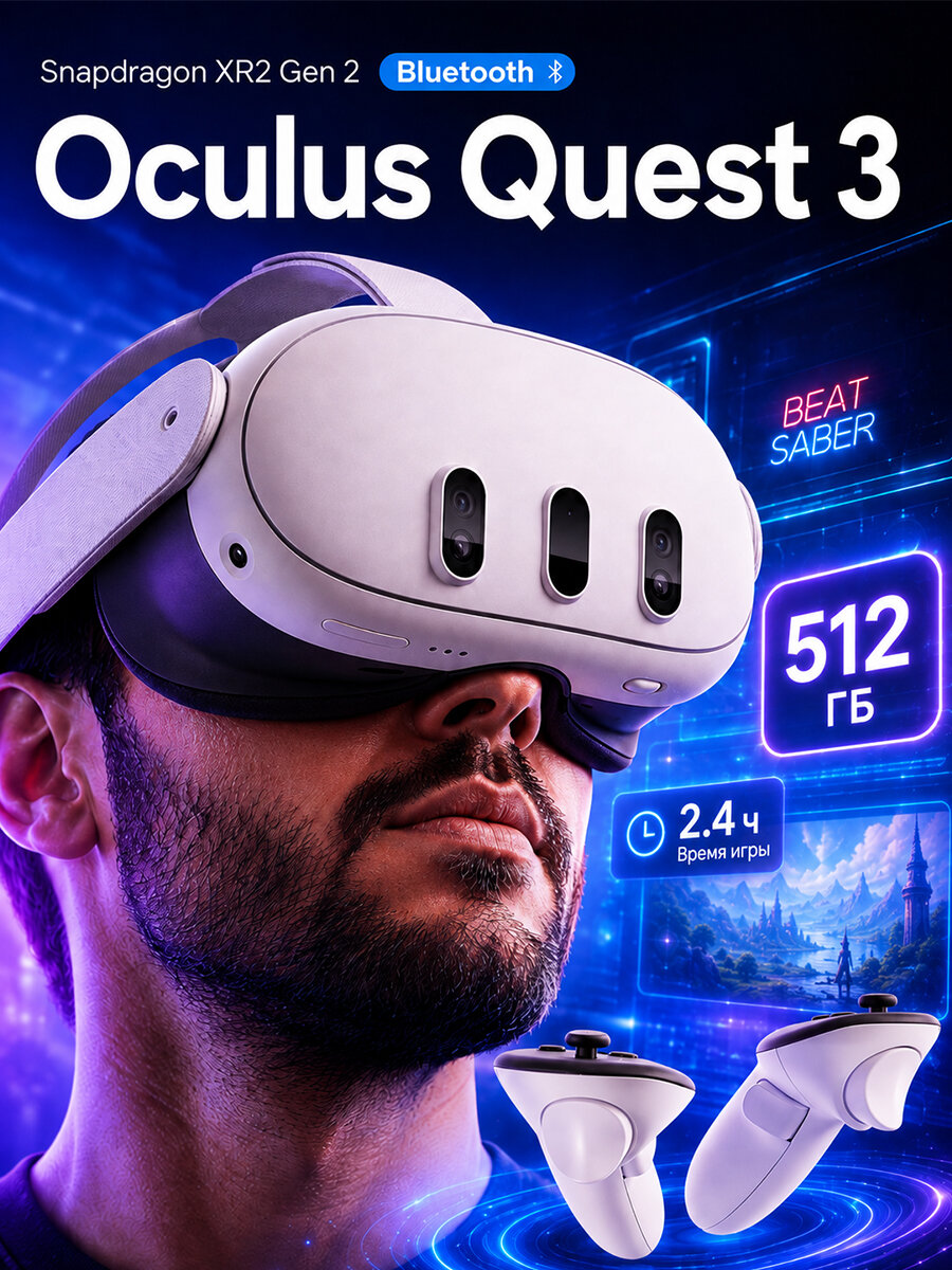 Очки виртуальной реальности "Oculus Quest3", разрешение 4K+, встроенная память 512ГБ