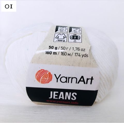 Пряжа полухлопок Yarnart Jeans (Ярнарт Джинс) - белый N 01, 1 шт, 55% хлопок, 45% полиакрил, 160м/50гр, для игрушек и одежды