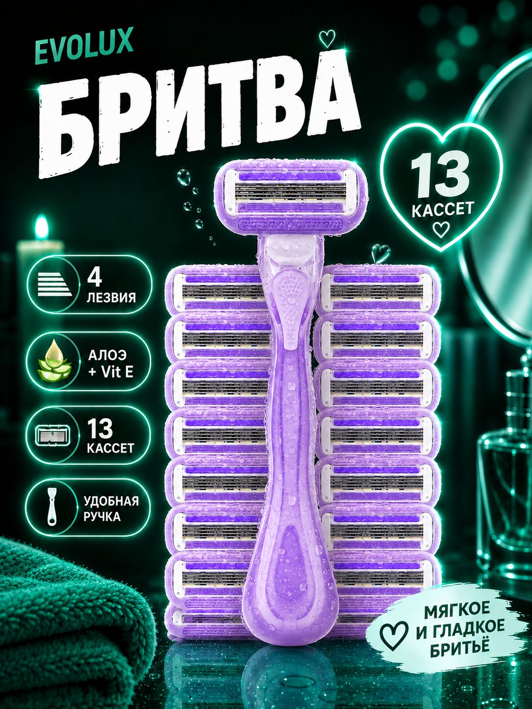 Бритва женская EVOLUX многоразовая / станок для бритья женский, 13 сменных кассет с 4 лезвиями, фиолетовая