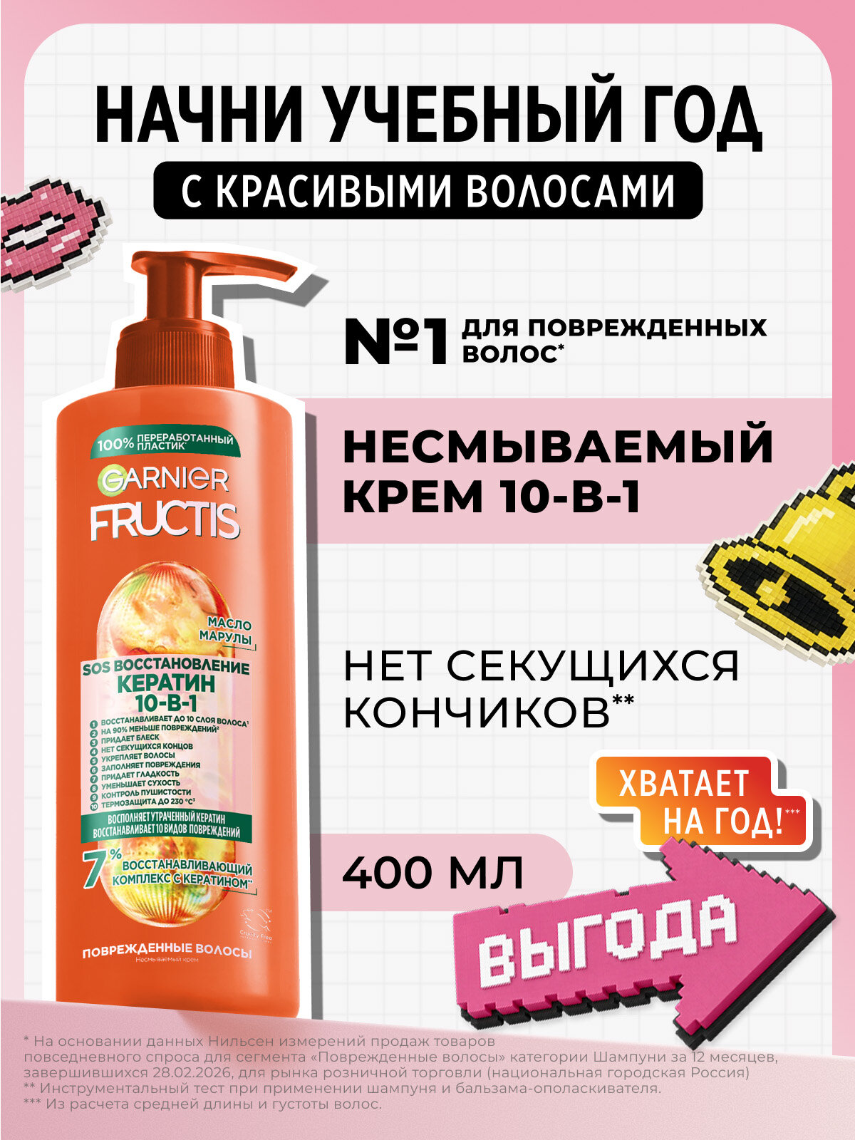Garnier Комплексный несмываемый крем-уход "SOS Спасатель волос 10 в 1" с жидким амино-кератином и маслом амлы, для поврежденных волос, без парабенов, 400 мл