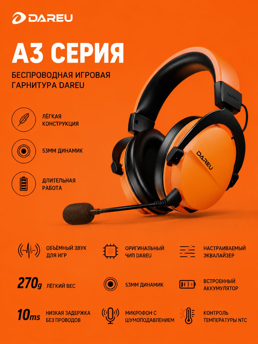 Dareu A3 беспроводные 4-режимные игровые наушники с 53-мм драйверами, ультранизкой задержкой 10 мс, ENC микрофоном и весом 270 г.