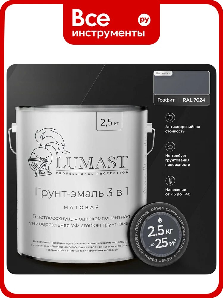 Грунт-эмаль 3 в 1 по ржавчине Lumast professional protection матовая, графит 2.5 кг 288M2K5-7024
