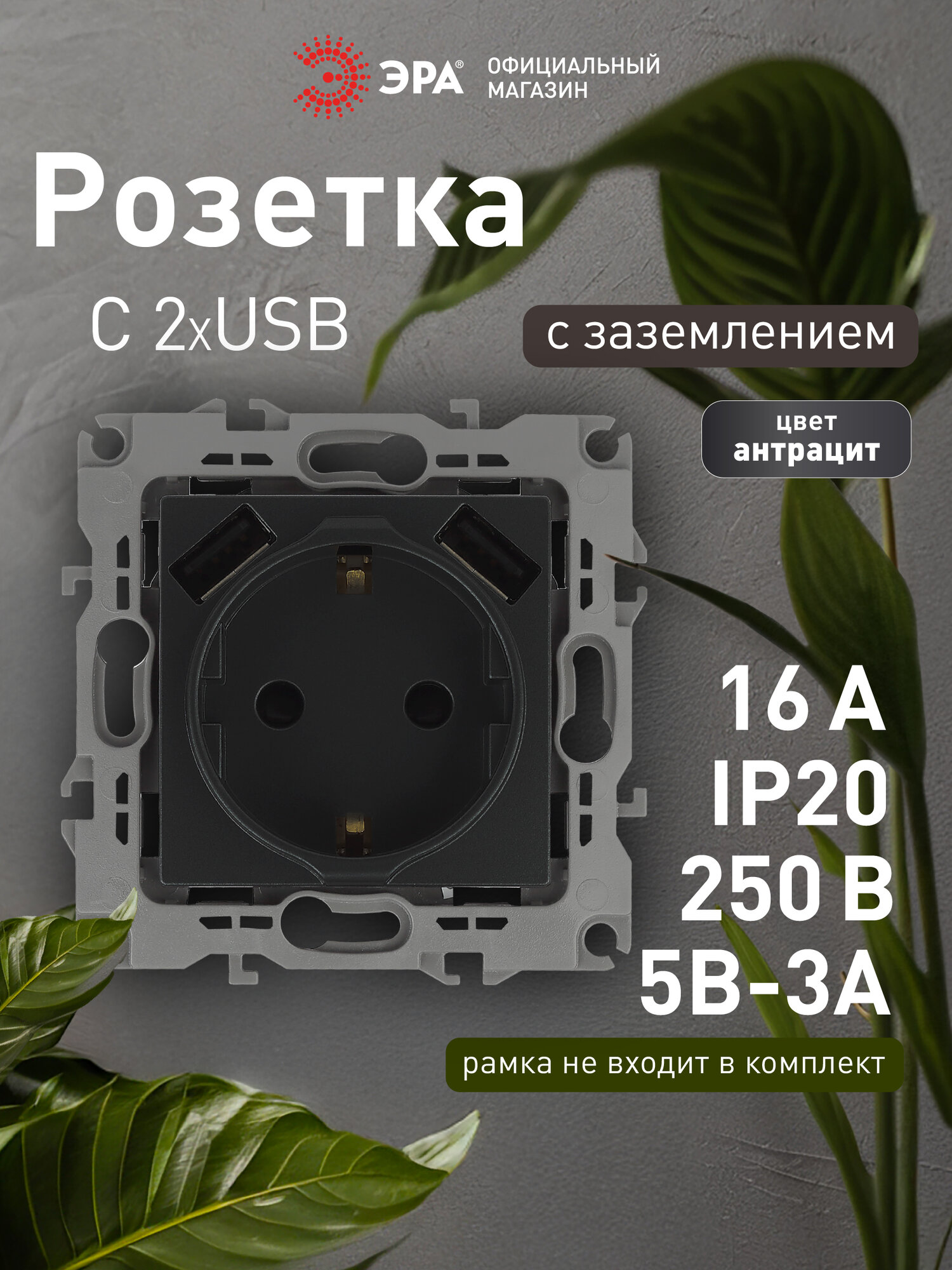 Розетка с заземлением с 2 USB ЭРА 12 4109-05 со шторками, 2P+E ,16A, 250В, USB 5В-3А, черный
