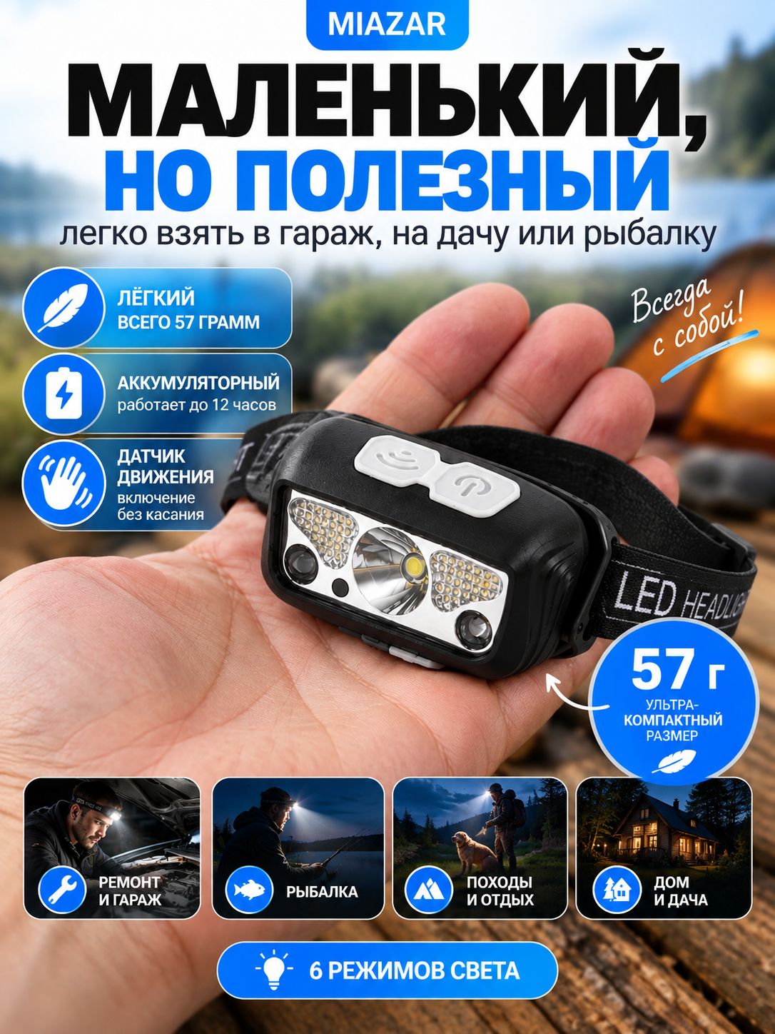 Фонарь налобный аккумуляторный MIAZAR / мощный налобный светодиодный фонарик