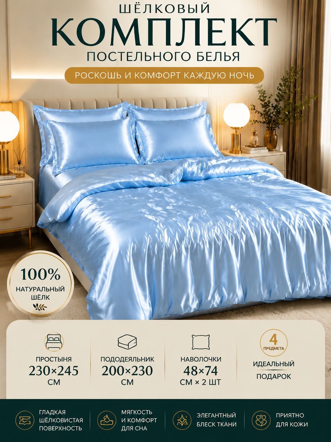 Комплект постельного белья 2-спальный искусственный шелк 200x230 см, наволочки 48x74, простыня 230x245 см, цветголубой
