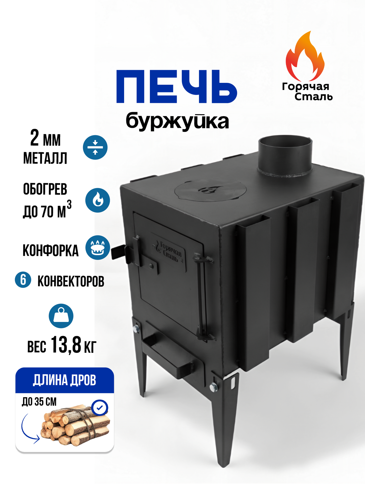 Буржуйка печь 2мм с конвекторами для дачи, гаража, отопительная, с зольником. Горячая Сталь