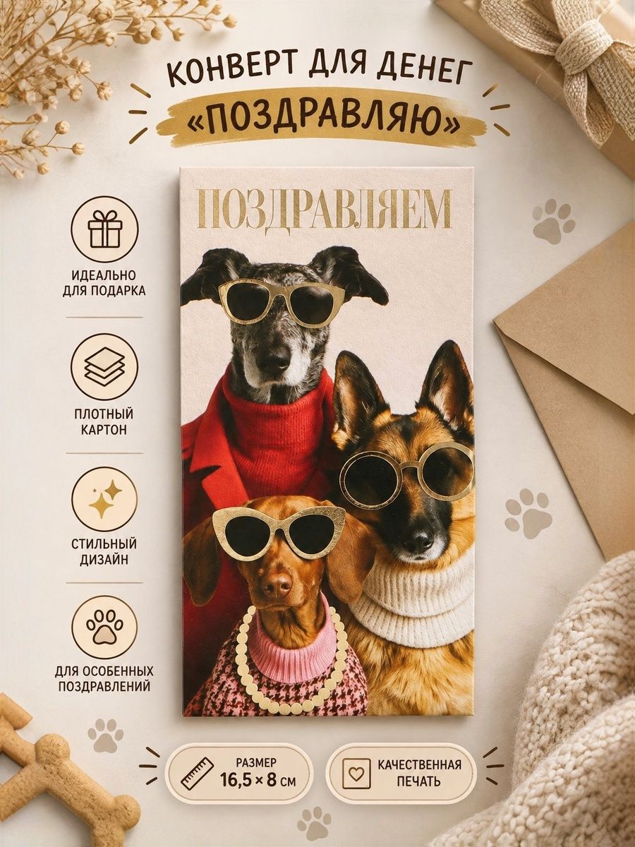 Конверт для денег "Поздравляем" 16,5х8 см, подарочный с собаками