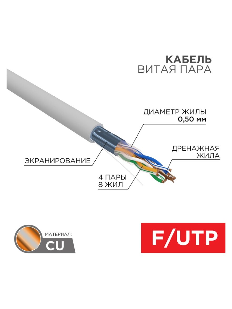 Кабель витая пара Rexant F/UTP, CAT 5e, ZH нг(А)-HF, 4PR, 24AWG, INDOOR, SOLID, серый, 305м, РФ