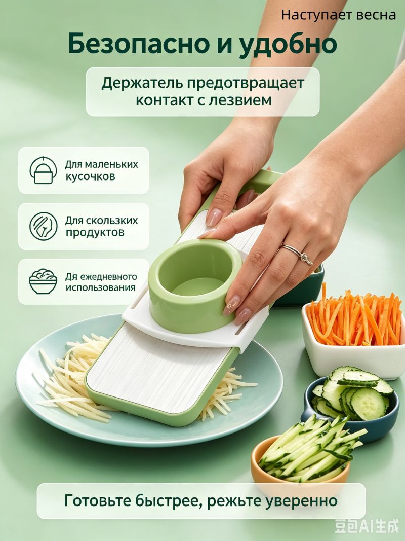 Многофункциональная овощерезка с 5 сменными лезвиями, терка из нержавеющей стали с защитой рук, для нарезки соломки, пластин, фигурных ломтиков картофеля, моркови, огурцов