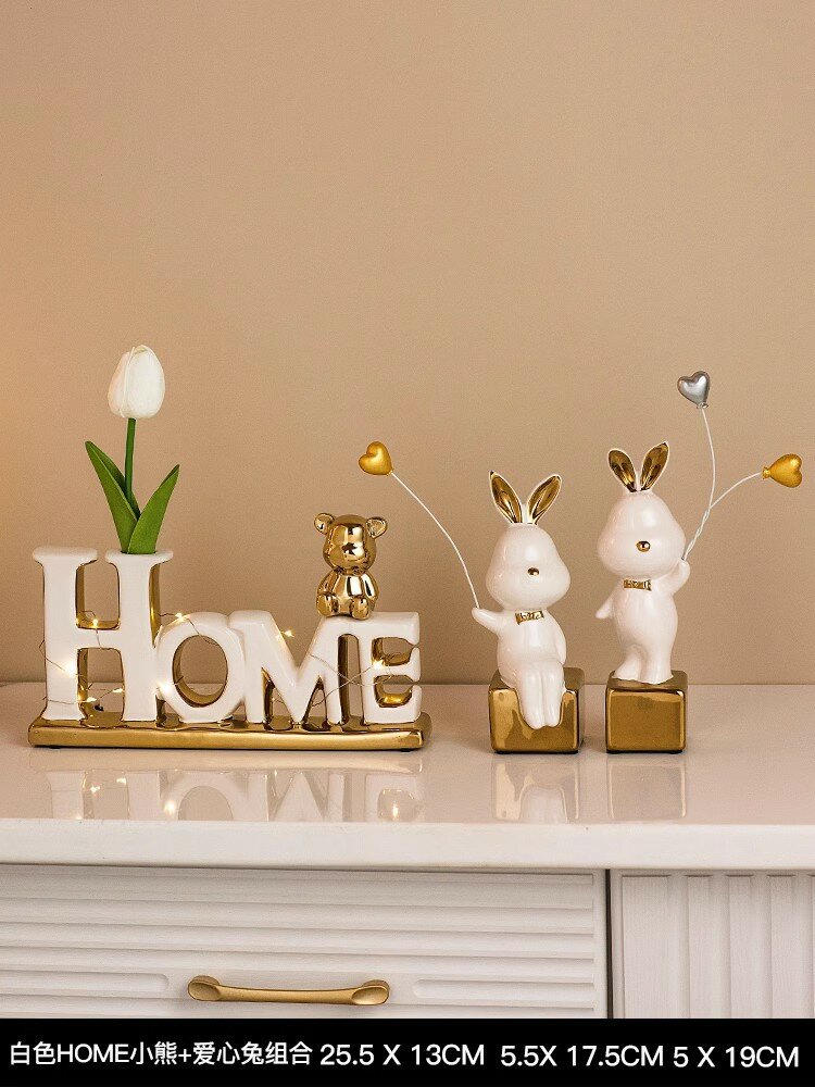 Фигурка медведя в стиле HOME с парой воздушных кроликов и тюльпаном для гостиной (настольная)