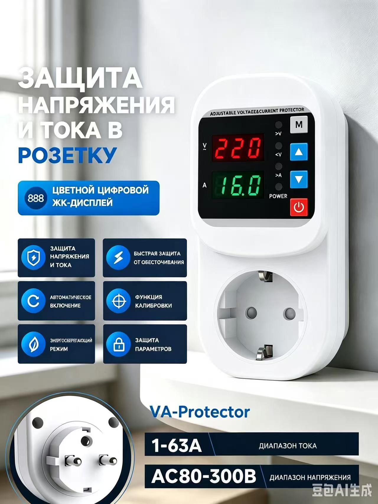 Реле контроля напряжения и тока в розетку с цветной цифровой светодиодный дисплей, 16A, AC80-300В, защита по напряжению и току, для защиты бытовых приборов от скачков и перегрузки по току