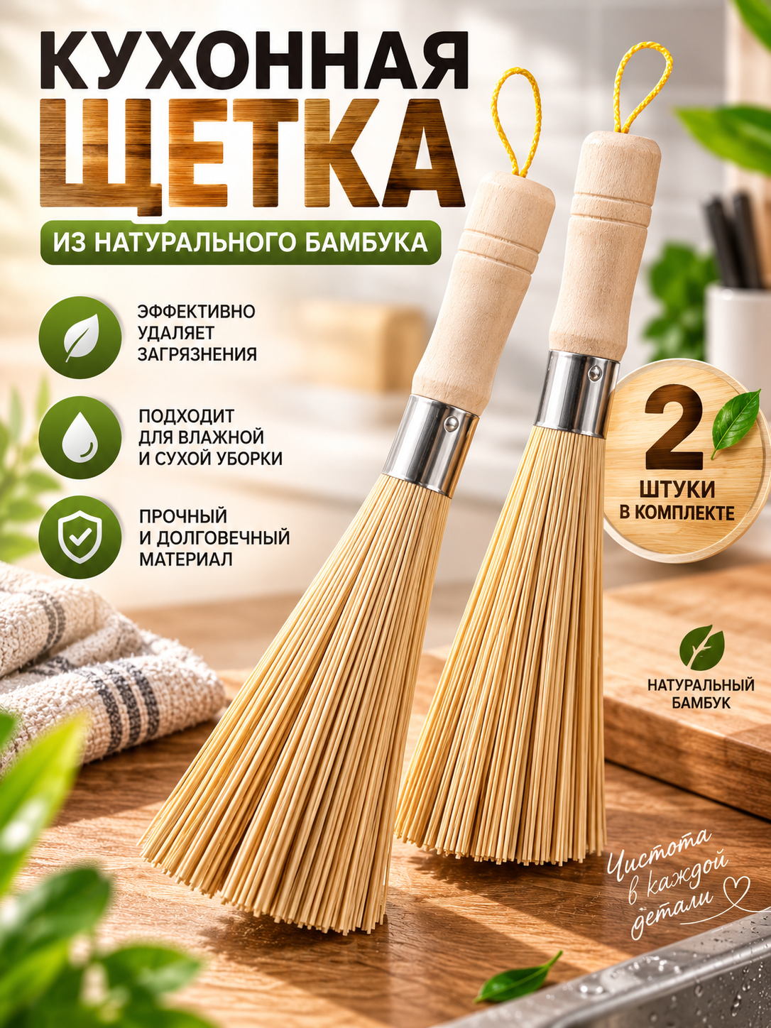 Кухонные щетки изготовлены из натурального бамбука с деревянными ручками для мытья посуды, кастрюль и сковородок.2 шт.