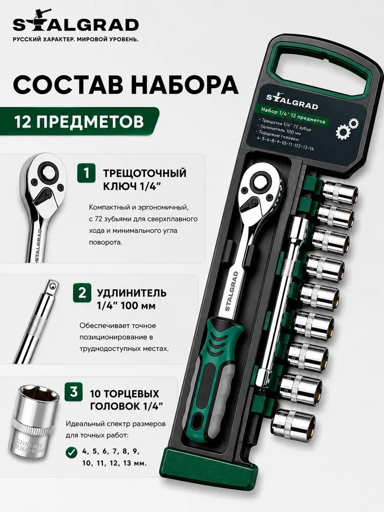 Набор торцевых головок с трещоткой 1/4, StalGrad, 12 предметов