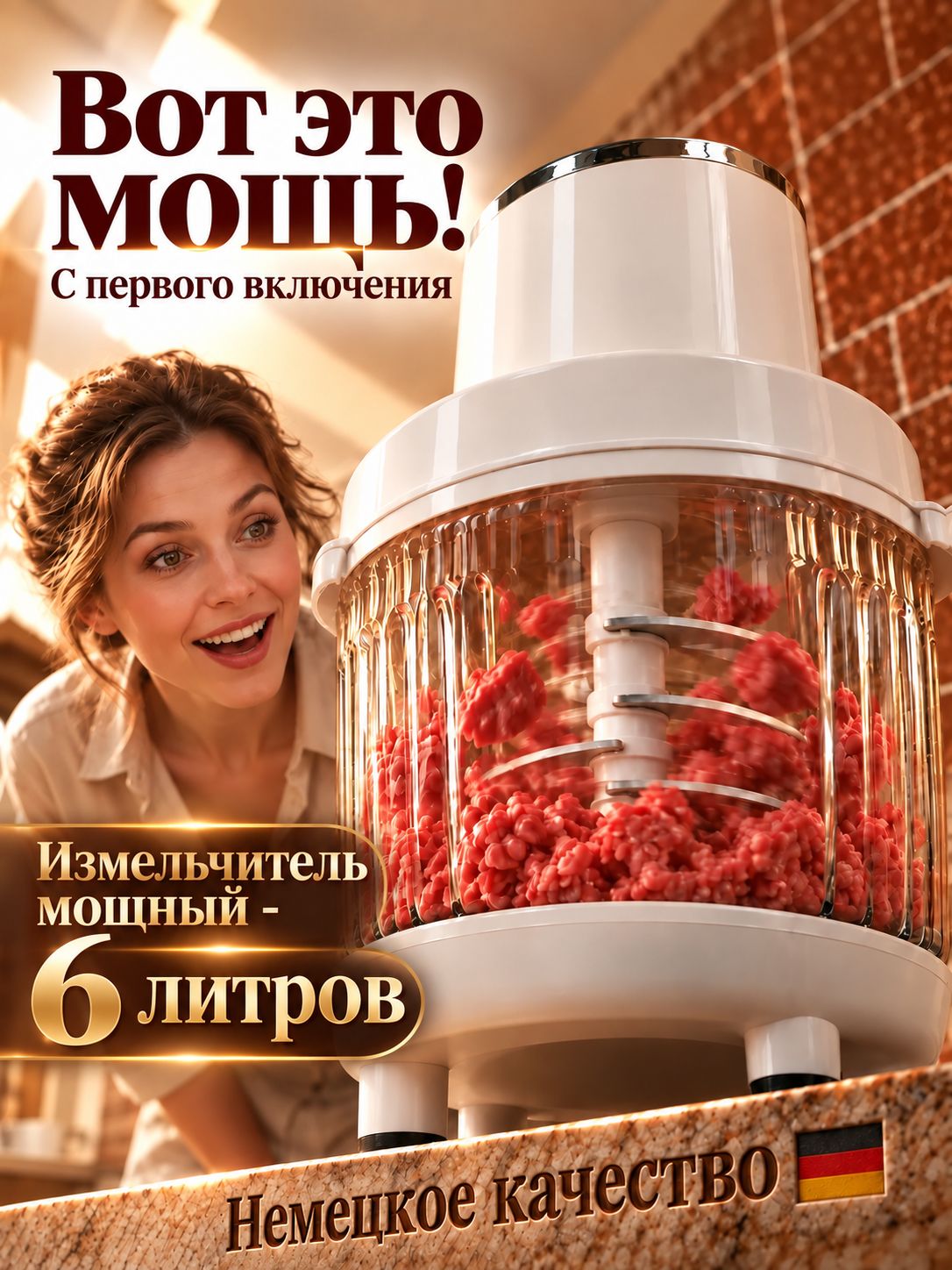 Измельчитель кухонный электрический мощный 72299, 6в1, чоппер, 6 лезвий, комплект из 4 насадок + мерный стакан, стеклянная чаша 6 литров RTV