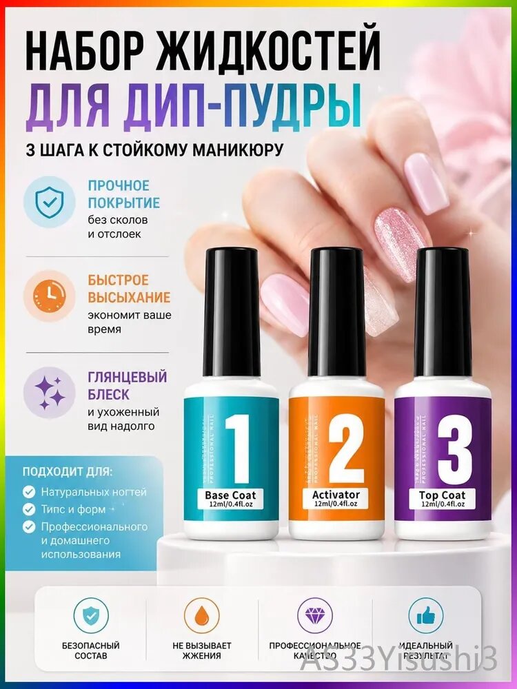 Набор жидкостей для ногтей, включая базовый лак, верхний лак, активатор и универсальные инструменты для маникюра
