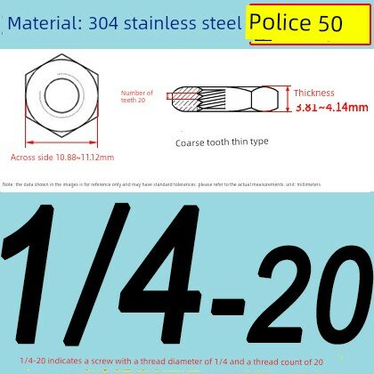 304 Нержавеющая сталь Шестигранная гайка, резьба UNC крупная 1/4-20, 50 штук для механической сборки