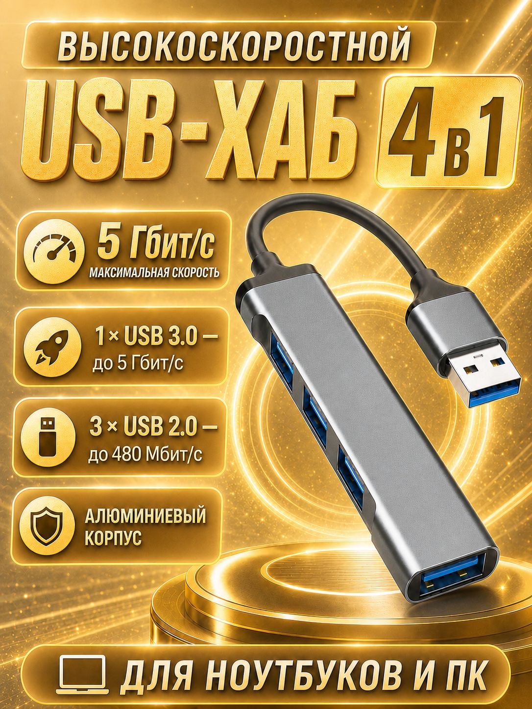 USB Hub /Usb концентратор USB 3.0/ разветвитель 4 в 1/ USB хаб для компьютера и периферийных устройств