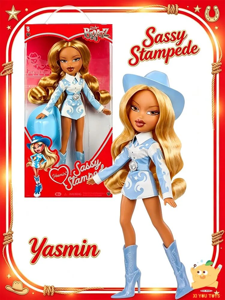 Кукла, Bratz Sassy Stampede Yasmin Fashion Doll / Серия кукол Братц в стиле вестерн, короткий голубой ковбойский комплект с принтом звезд и пламени для персонажа Ясмин